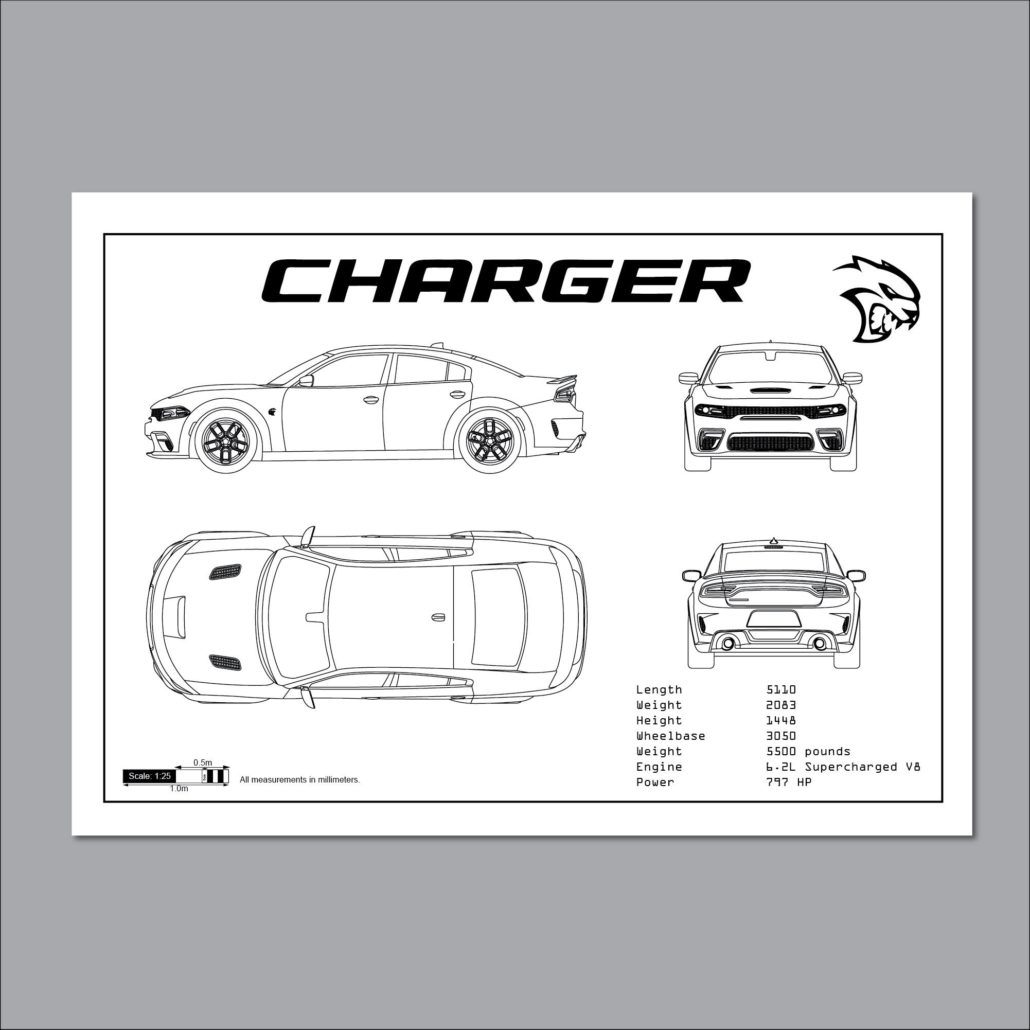 Dodge Charger Poster, Charger SRT, Car Blueprints, Car Poster, Garage ...