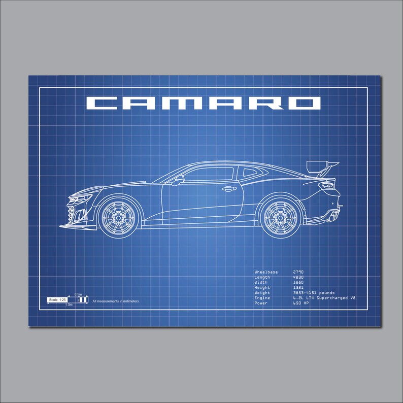 Camaro Poster, Camaro ZL1, Car Blueprints, Car Poster, Car Wall Art ...