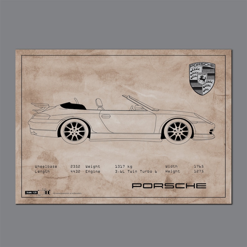 Porsche 911 Blueprint, Car Blueprints, Automobile Wall Decor, Car ...