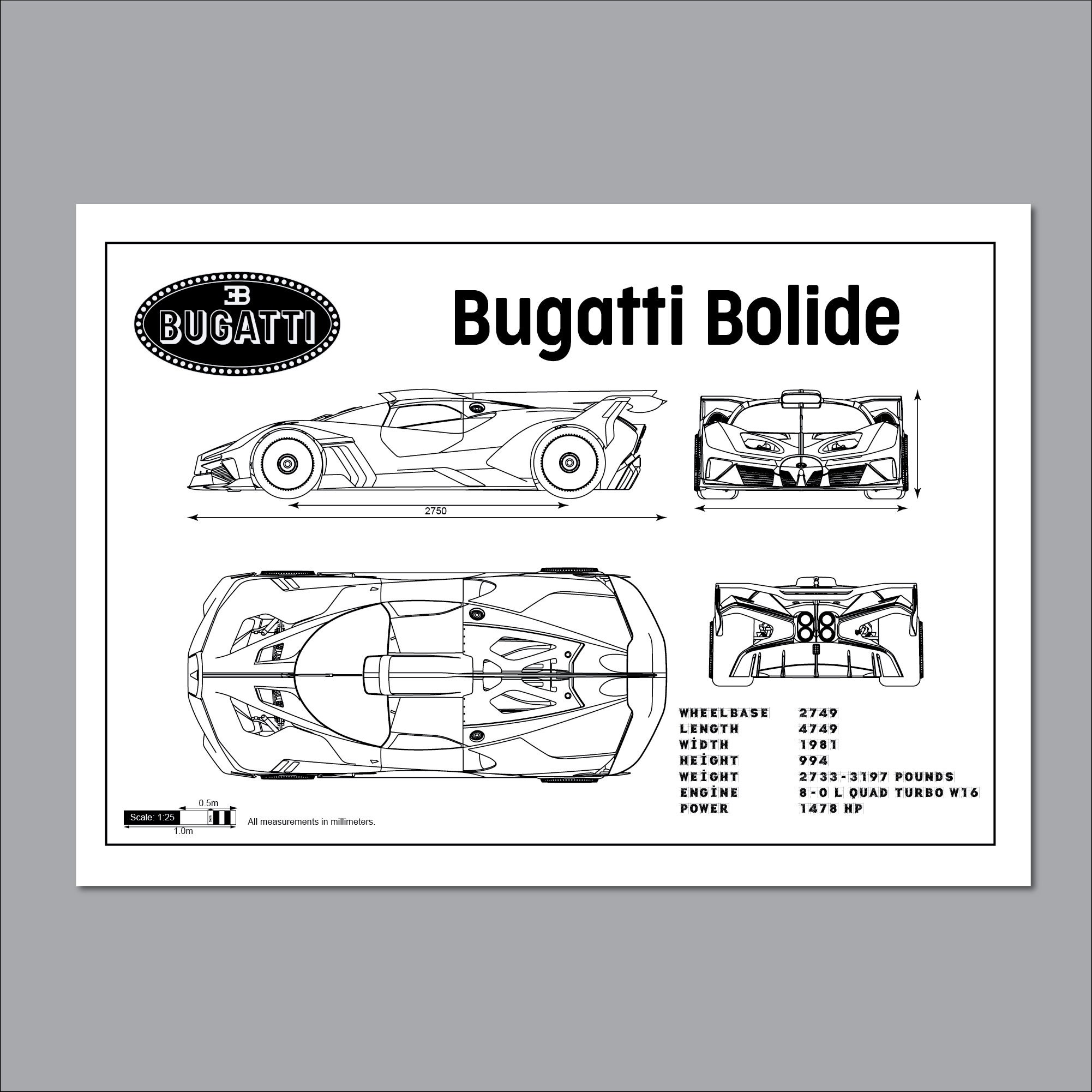 Bugatti Bolide Blueprint Car Blueprints Car Poster Car Wall - Etsy Canada
