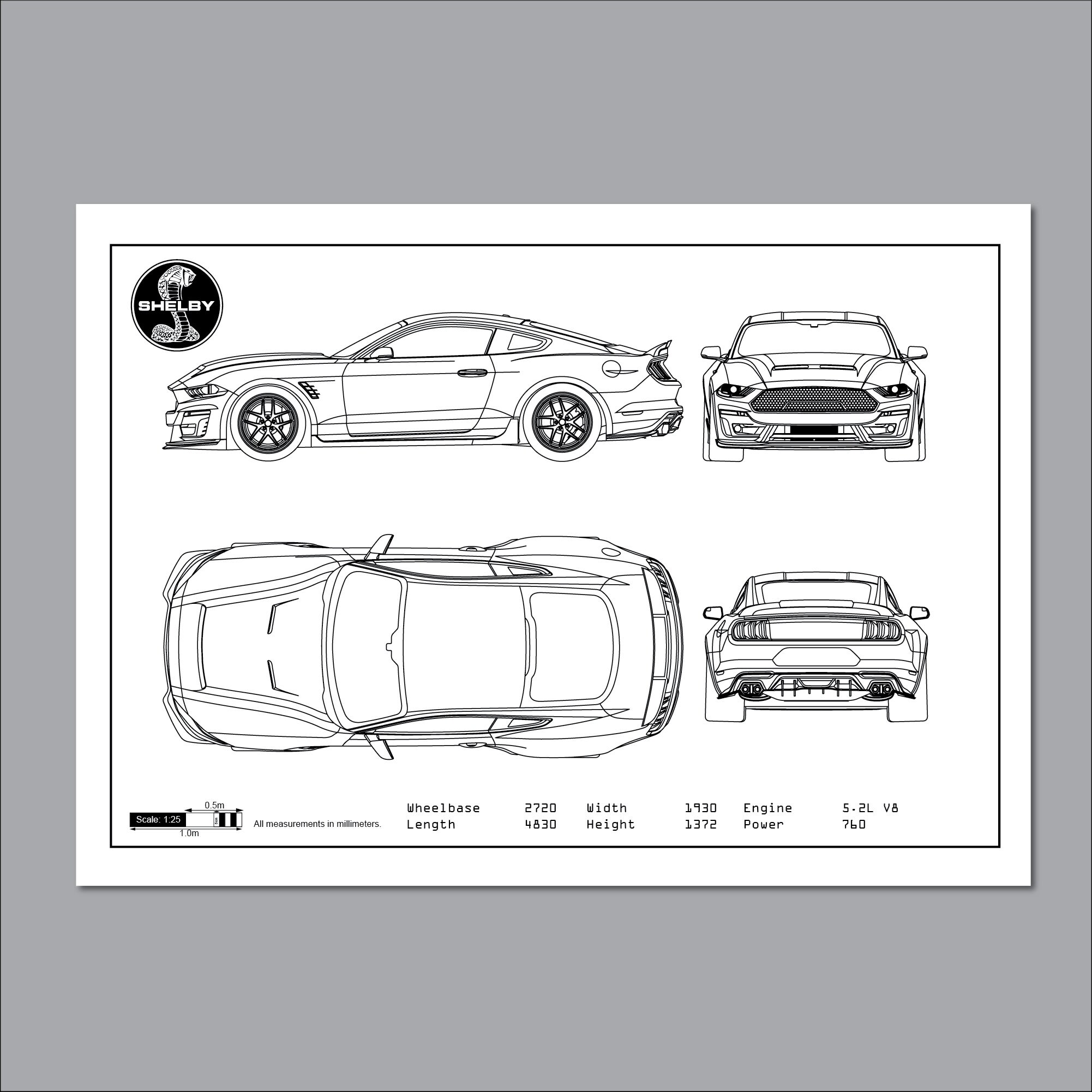 Shelby Blueprint, Ford Mustang, Car Blueprints, Car Poster, Gift for ...