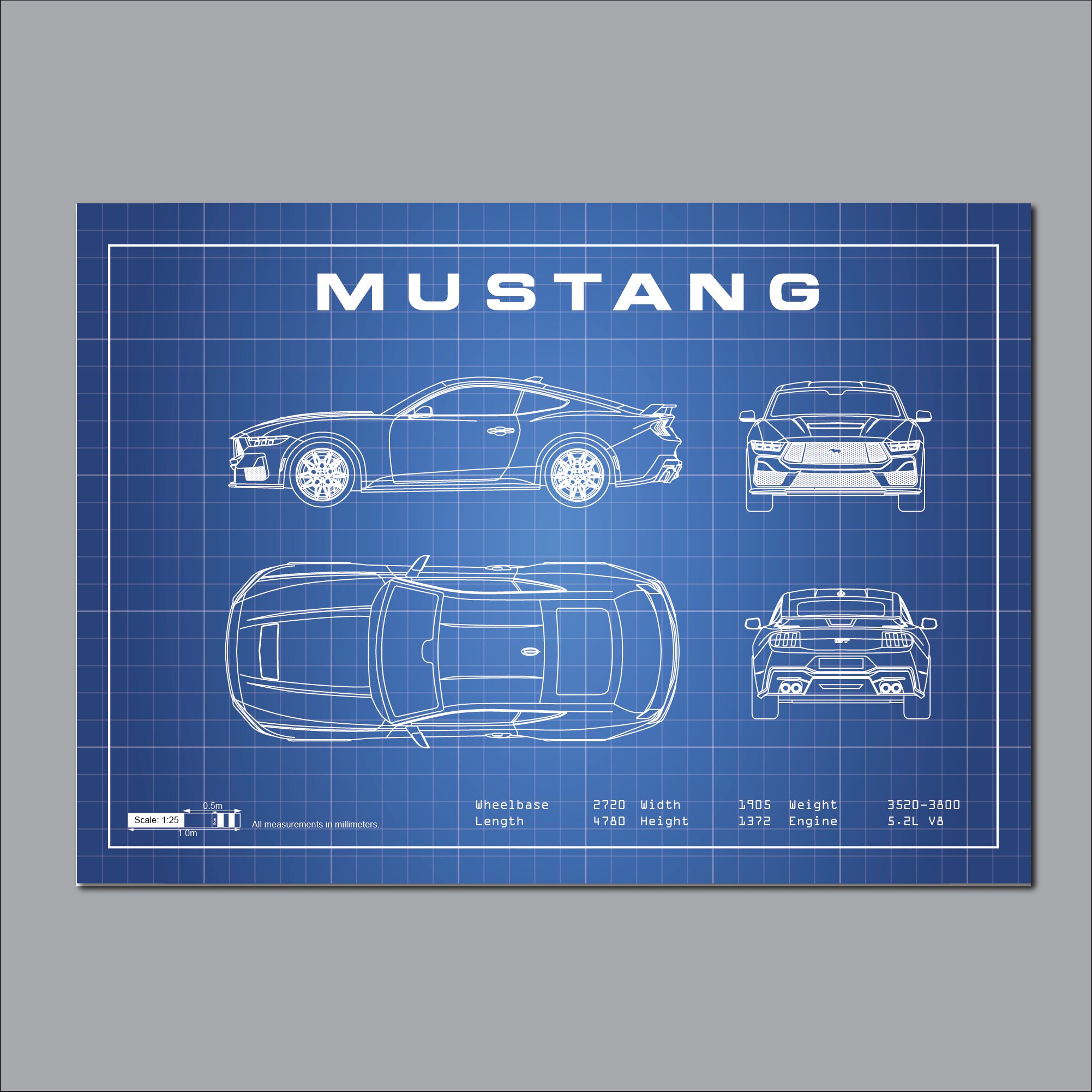 Mustang GT Blueprint, Car Blueprints, Car Poster, Garage Workshop Art ...