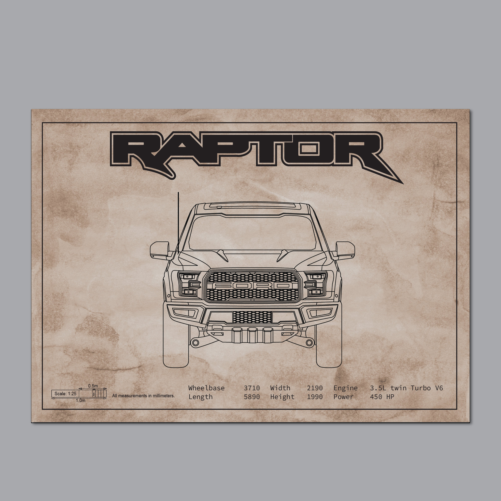 Ford Raptor, Raptor Blueprint, Raptor Poster, Car Blueprints, Car ...