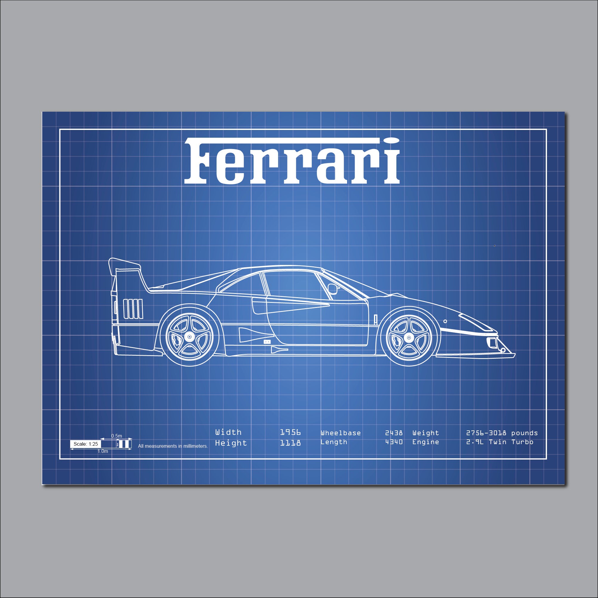 Ferrari F40 Poster, Car Blueprints, Car Poster, Garage Workshop Art ...
