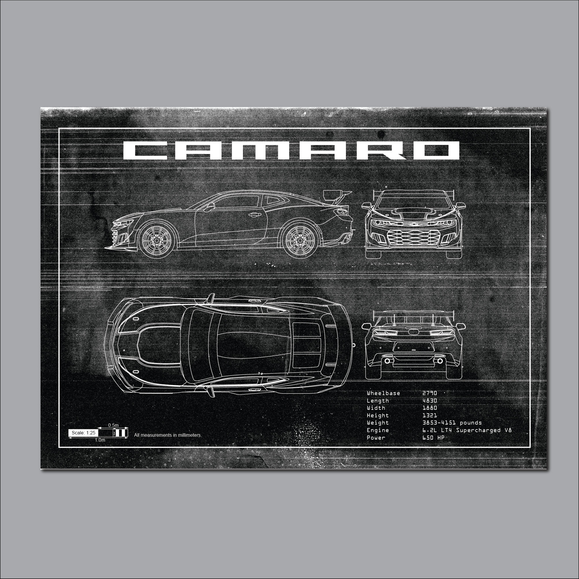 Blueprint of a Camaro, Chevy Camaro, Car Blueprints, Car Poster, Garage ...