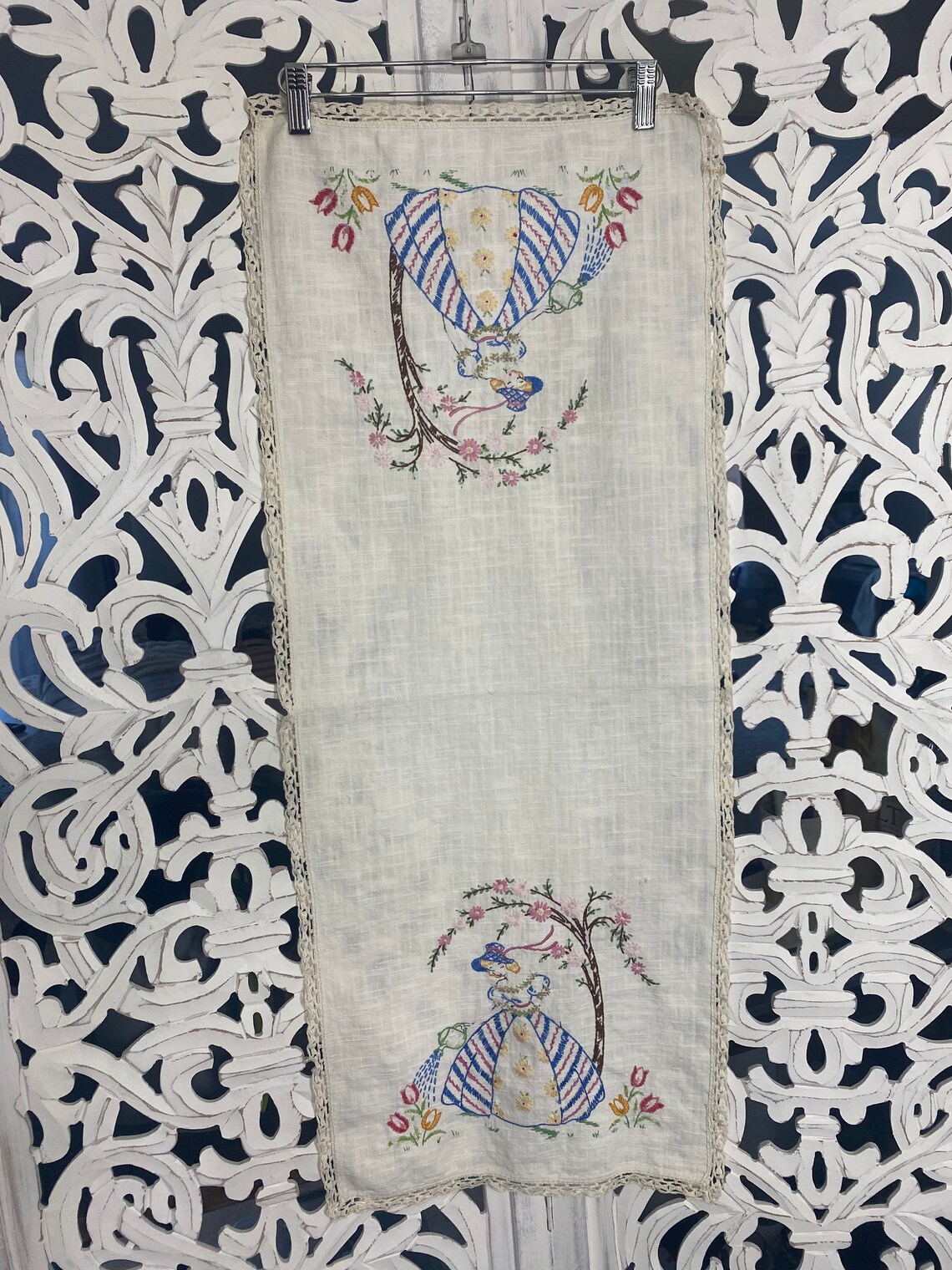 Vintage Hand Embrodiered Lace Edge Runner - Etsy UK