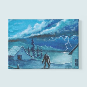Lightning Sasquatch Landscape Painting Canvas Print, Bigfoot Wall Art ...
