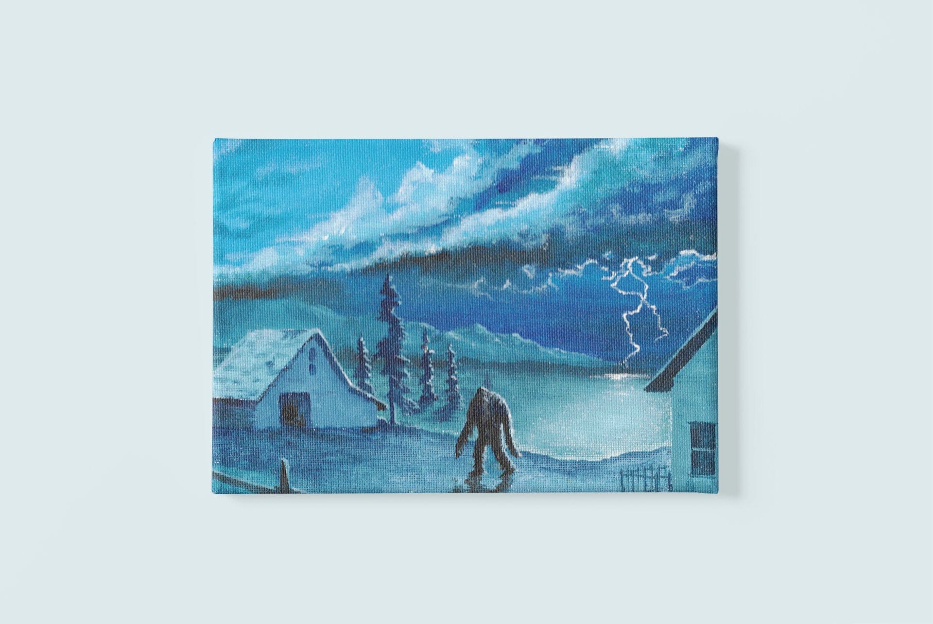 Lightning Sasquatch Landscape Painting Canvas Print, Bigfoot Wall Art ...