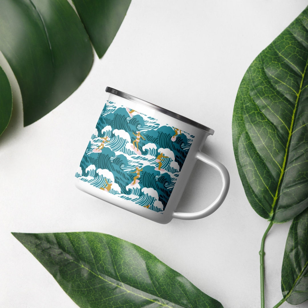 Enamel Surf Coffee Mug, Retro Style Surfer Waves Mug, Surf Blue Design ...