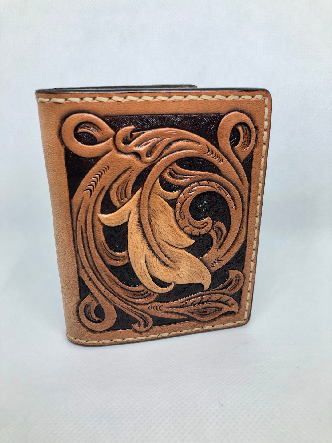 Floral Tooled Leather Bifold Card Wallet, Feather Design, Camo Interior ...