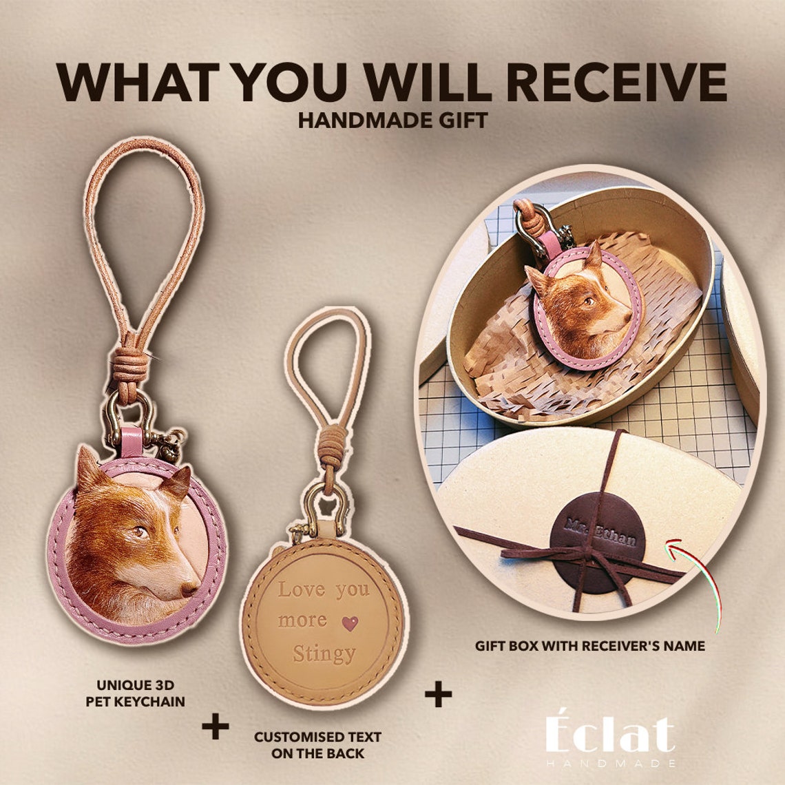 Custom 3D Leather Pet Portrait Keychain, Personalized Dog Cat Memorial ...
