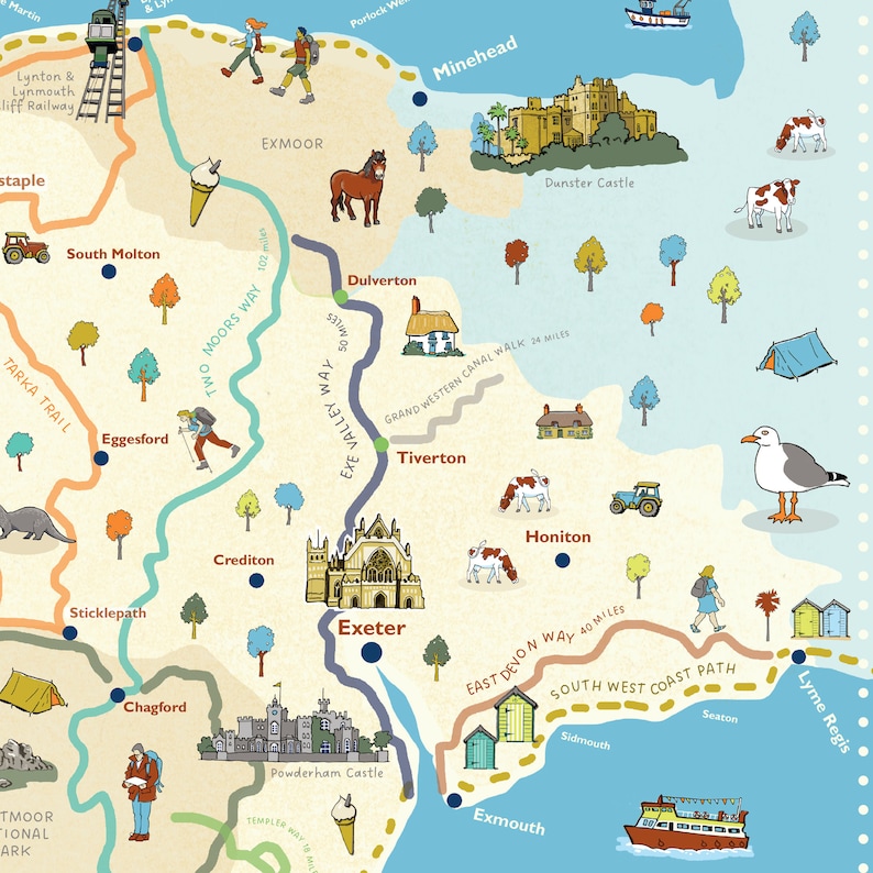 Illustrated Devon Footpaths Poster Perfect Wall Map for Walkers and ...