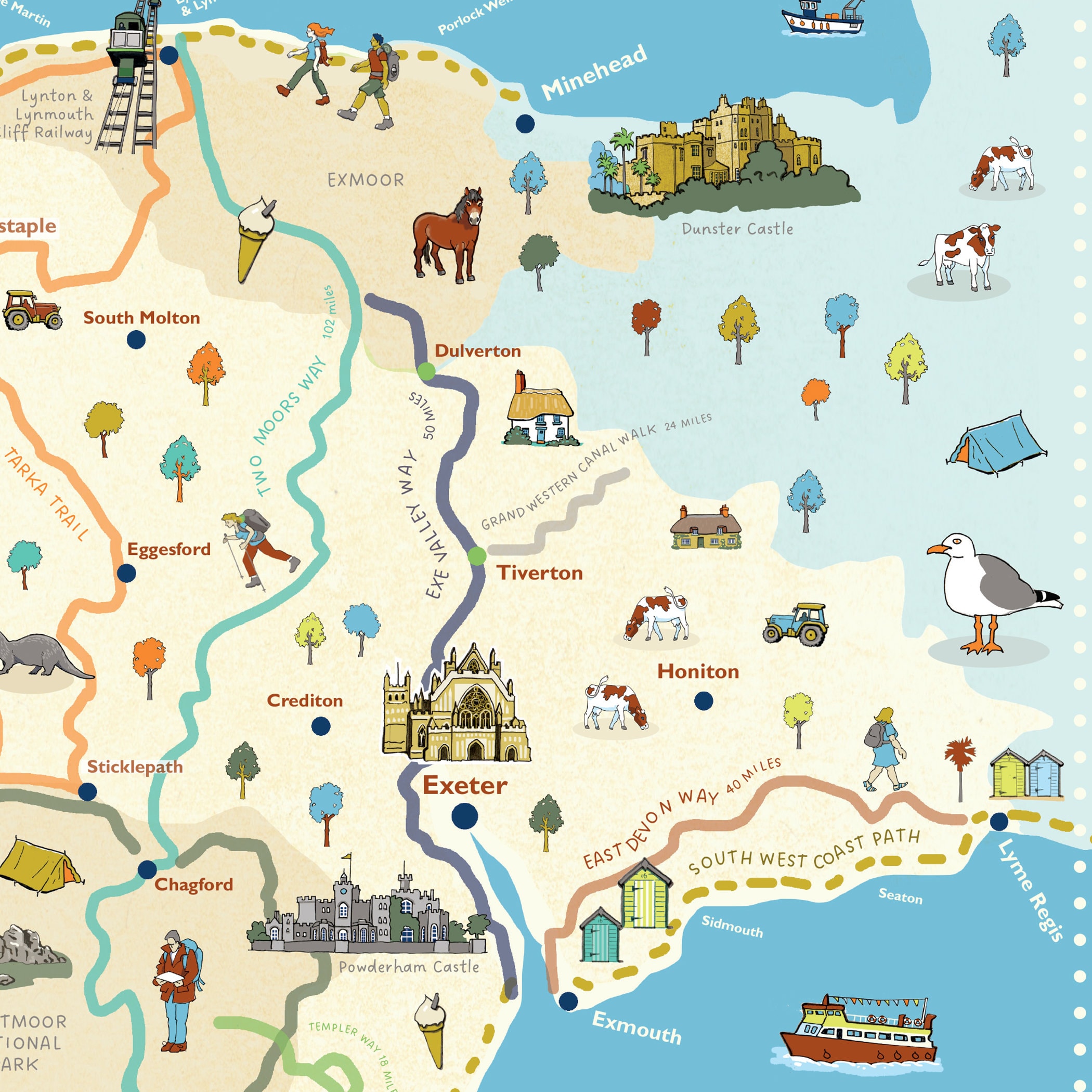 Illustrated Devon Footpaths Poster Perfect Wall Map for Walkers and ...