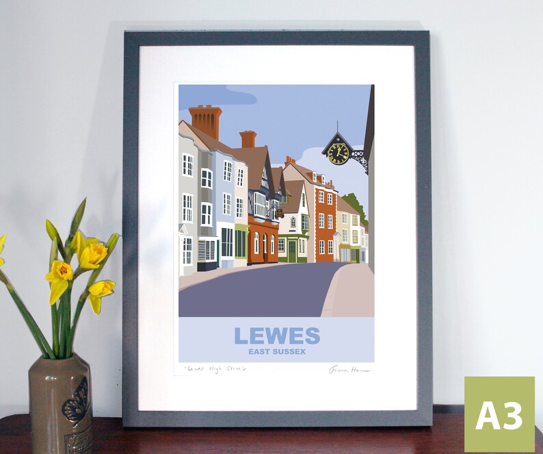 Lewes High Street Art Print: Retro Travel Poster, East Sussex - Etsy