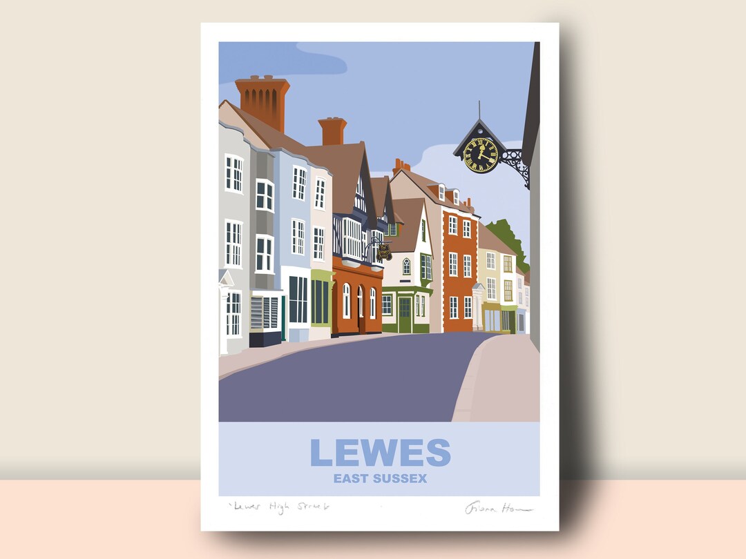 Lewes High Street Art Print: Retro Travel Poster, East Sussex - Etsy