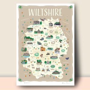 Wiltshire Wall Map, Illustrated Print by Fiona Horan, Travel Poster ...