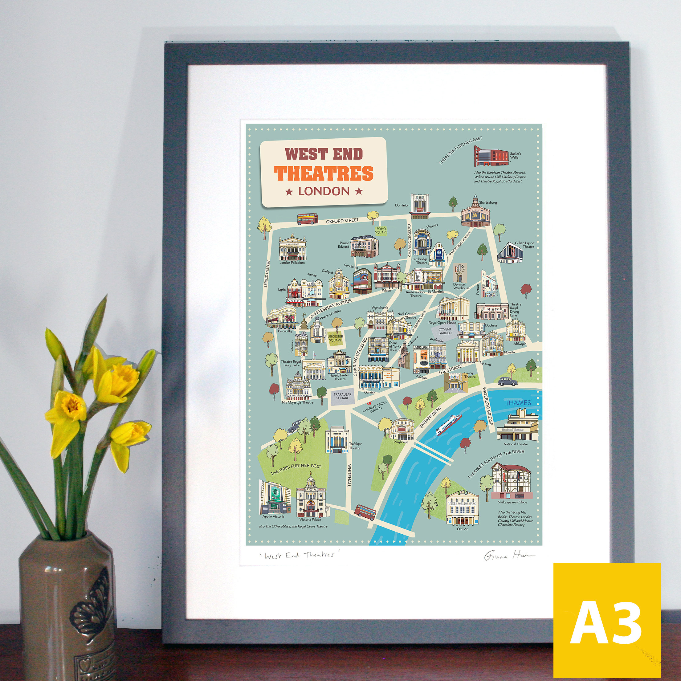 London Theatres Map portrait, Illustrated Poster Showing More Than 40 ...