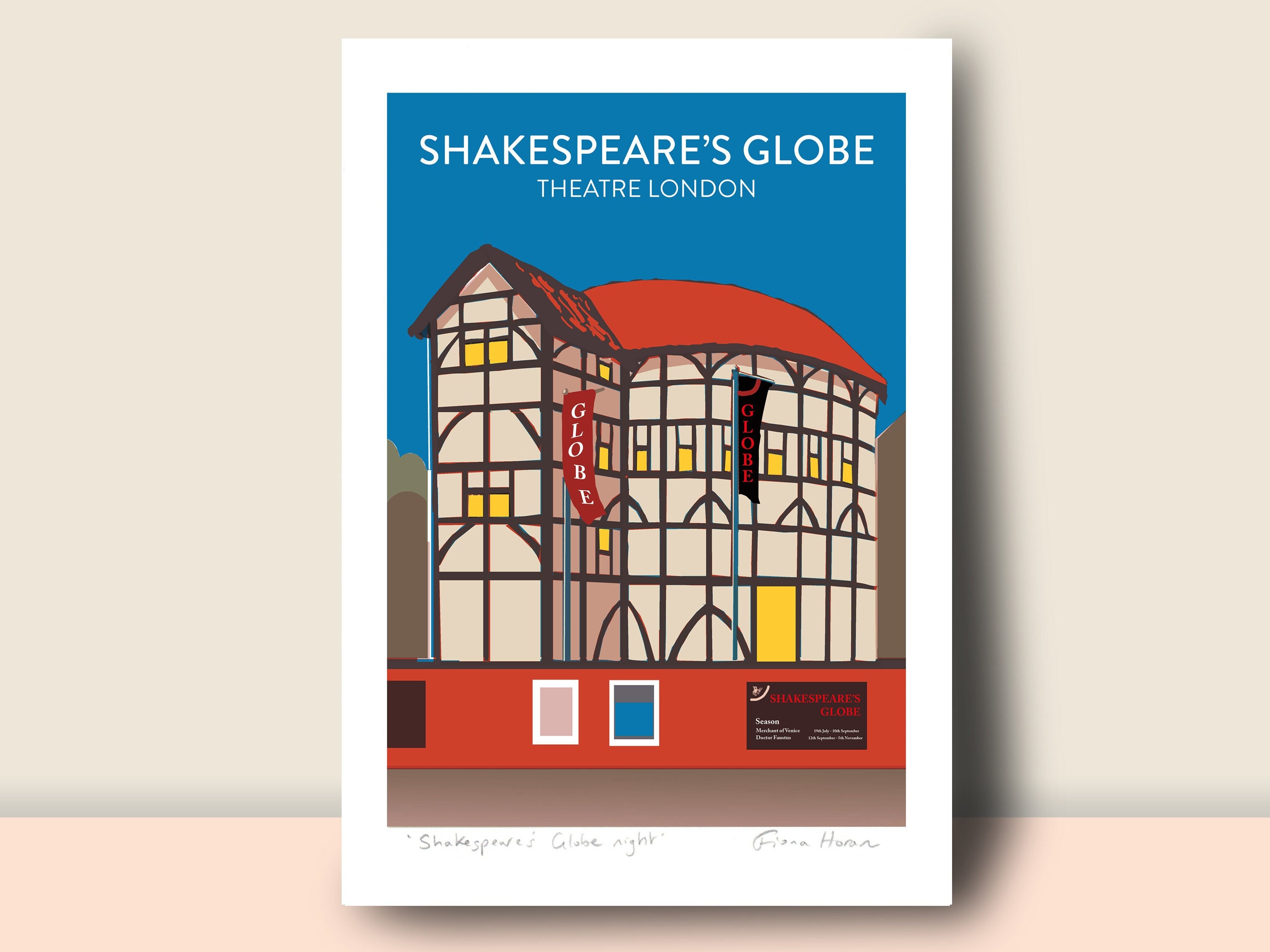 Shakespeares Globe Theatre Original Print Blue SHAKESPEARE'S GLOBE