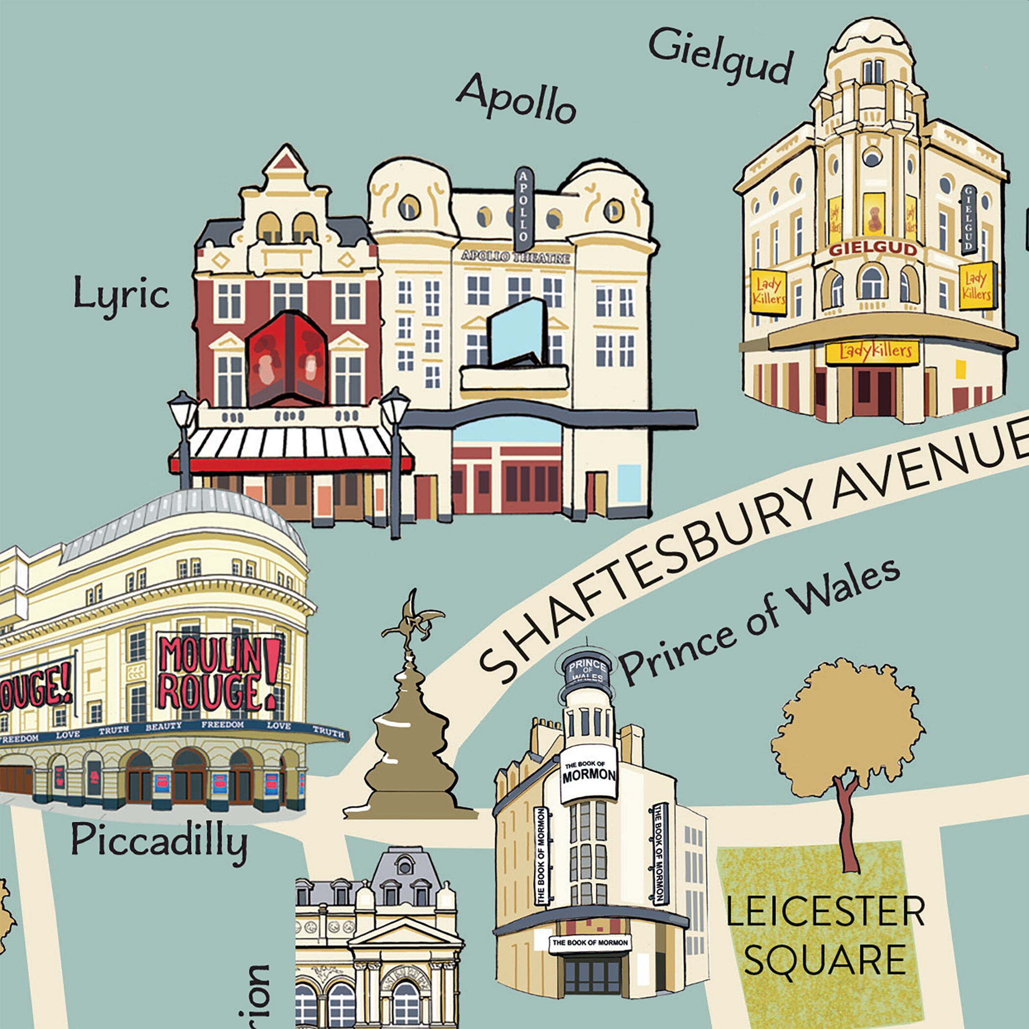 London Theatres Map portrait, Illustrated Poster Showing More Than 40 Famous West End Theatres ...