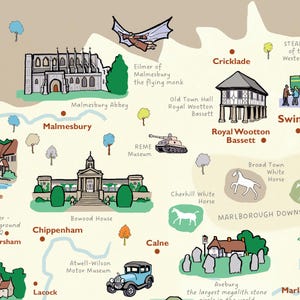 Wiltshire Wall Map, Illustrated Print by Fiona Horan, Travel Poster ...