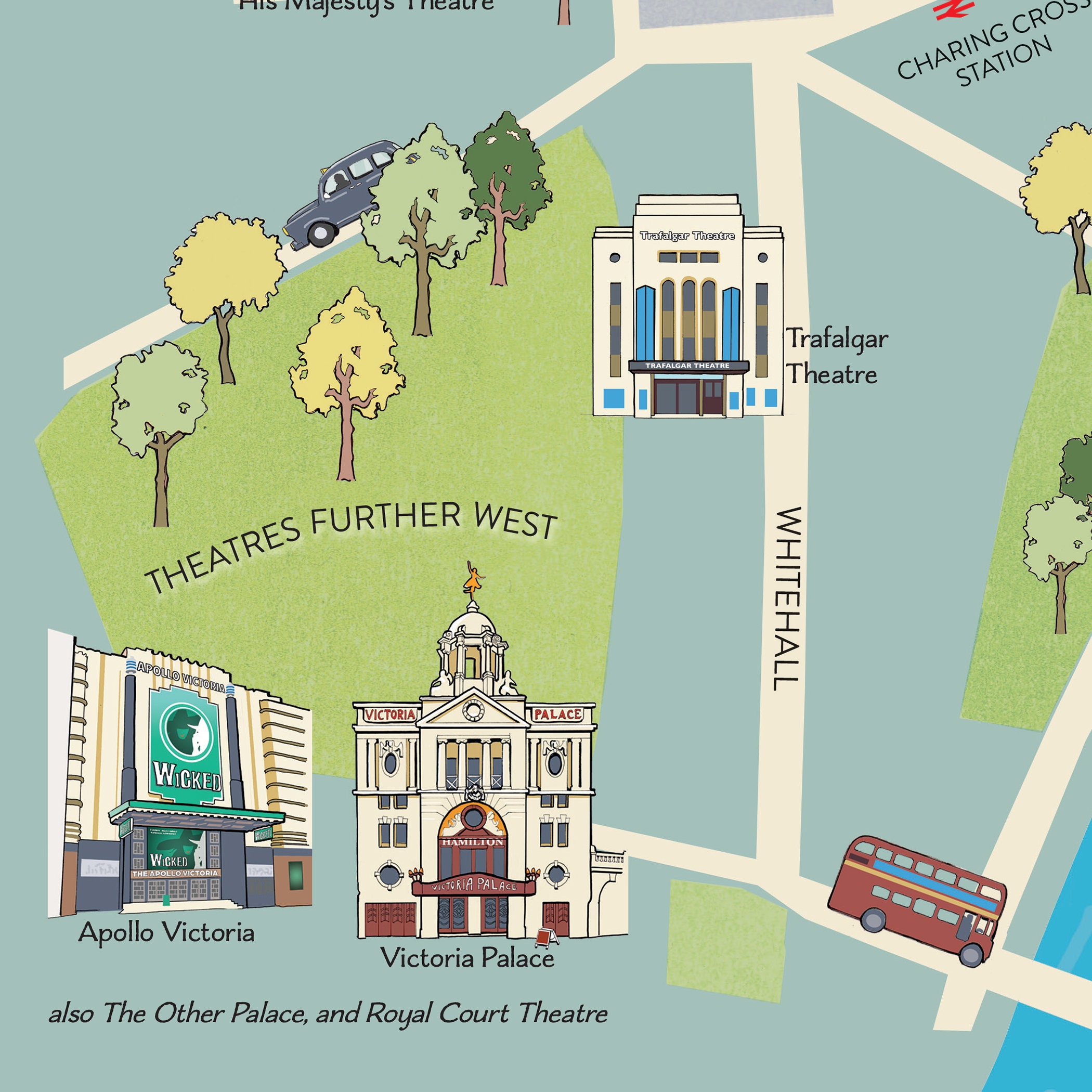 London Theatres Map portrait, Illustrated Poster Showing More Than 40 Famous West End Theatres ...