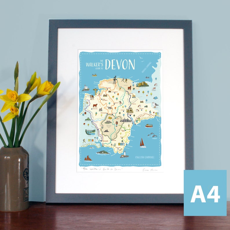 Devon Wall Map for Walkers, Illustrated Print Showing Long Distance ...