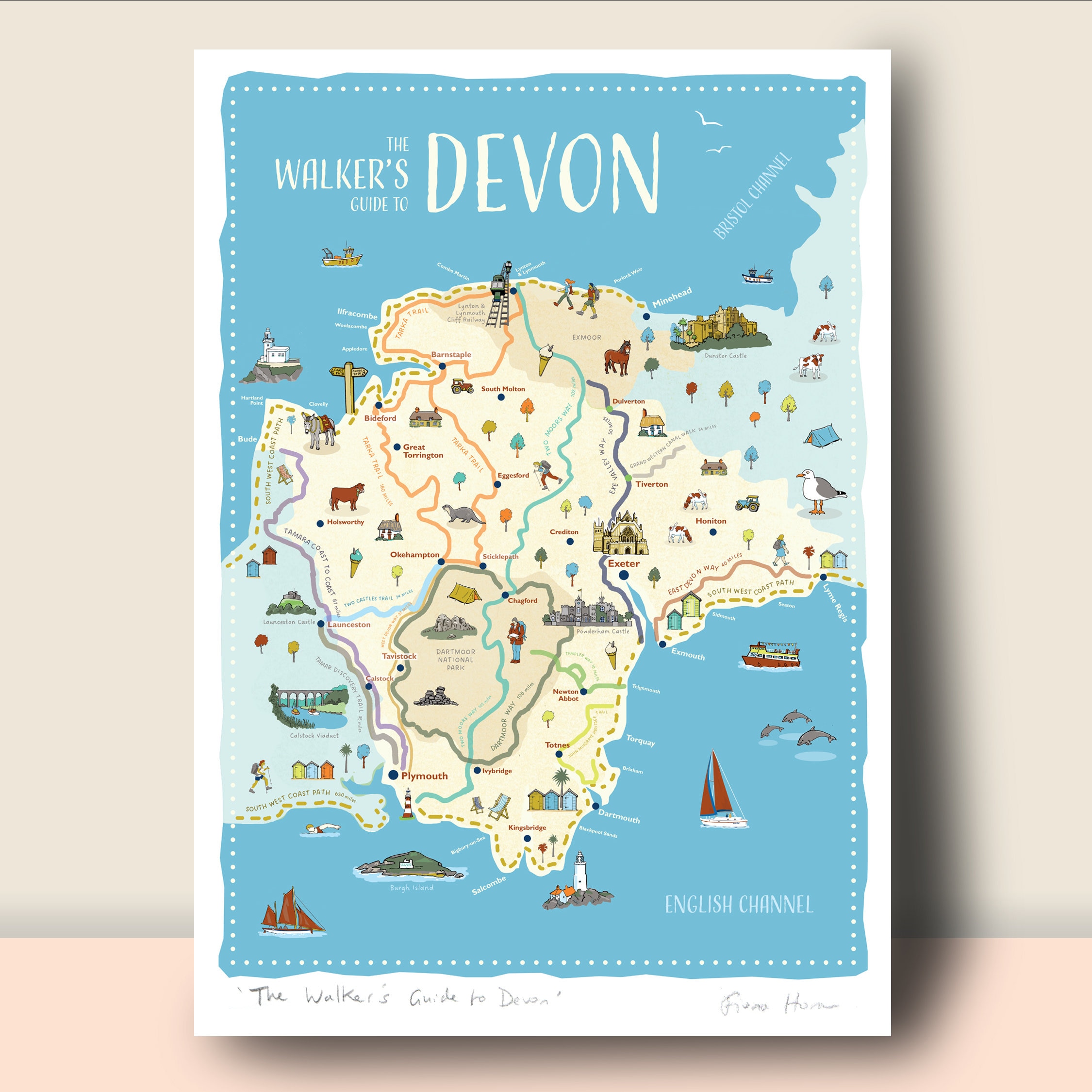 Illustrated Devon Footpaths Poster Perfect Wall Map for Walkers and ...
