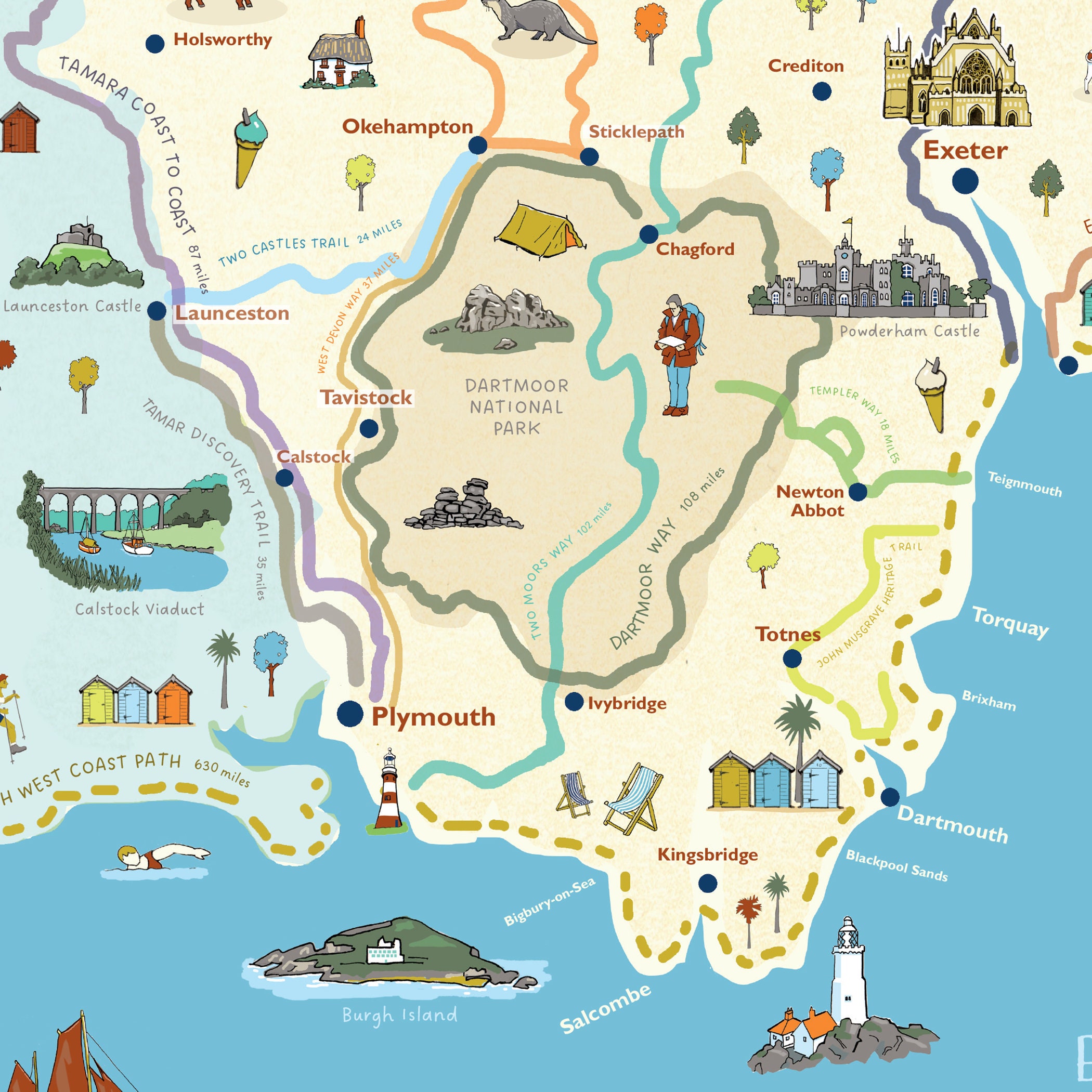 Illustrated Devon Footpaths Poster Perfect Wall Map for Walkers and ...