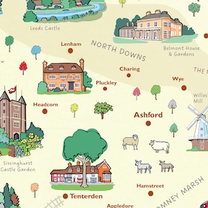Kent Wall Map, Illustrated Print by Fiona Horan, Travel Poster ...