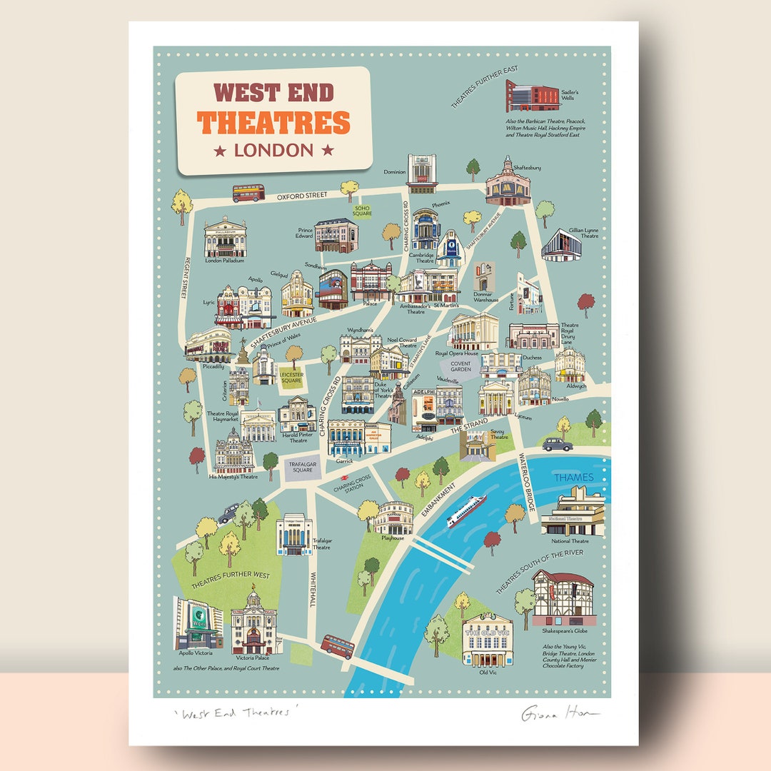 London Theatres Map (portrait), Illustrated Poster Showing More Than 40 Famous West End Theatres ...