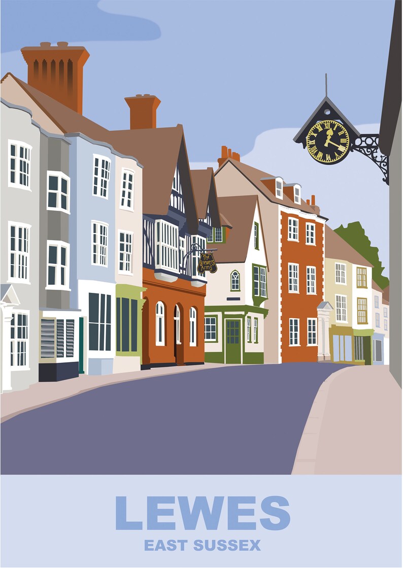 Lewes High Street Art Print: Retro Travel Poster, East Sussex - Etsy