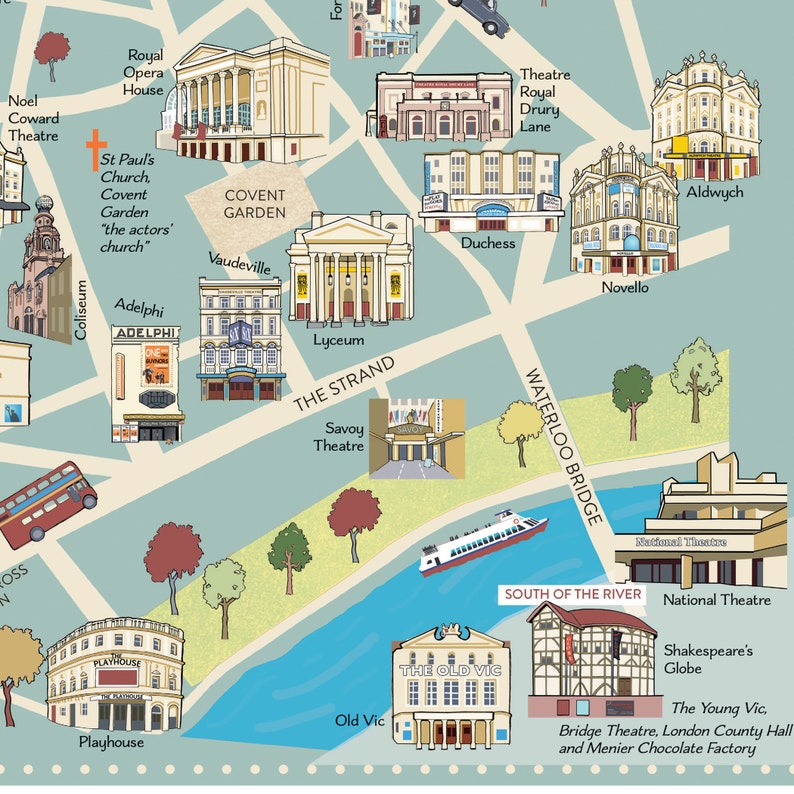 West End Theatres, Illustrated Map, London, Showing More Than 40 Famous Theatres, A4, A3 or A2 ...