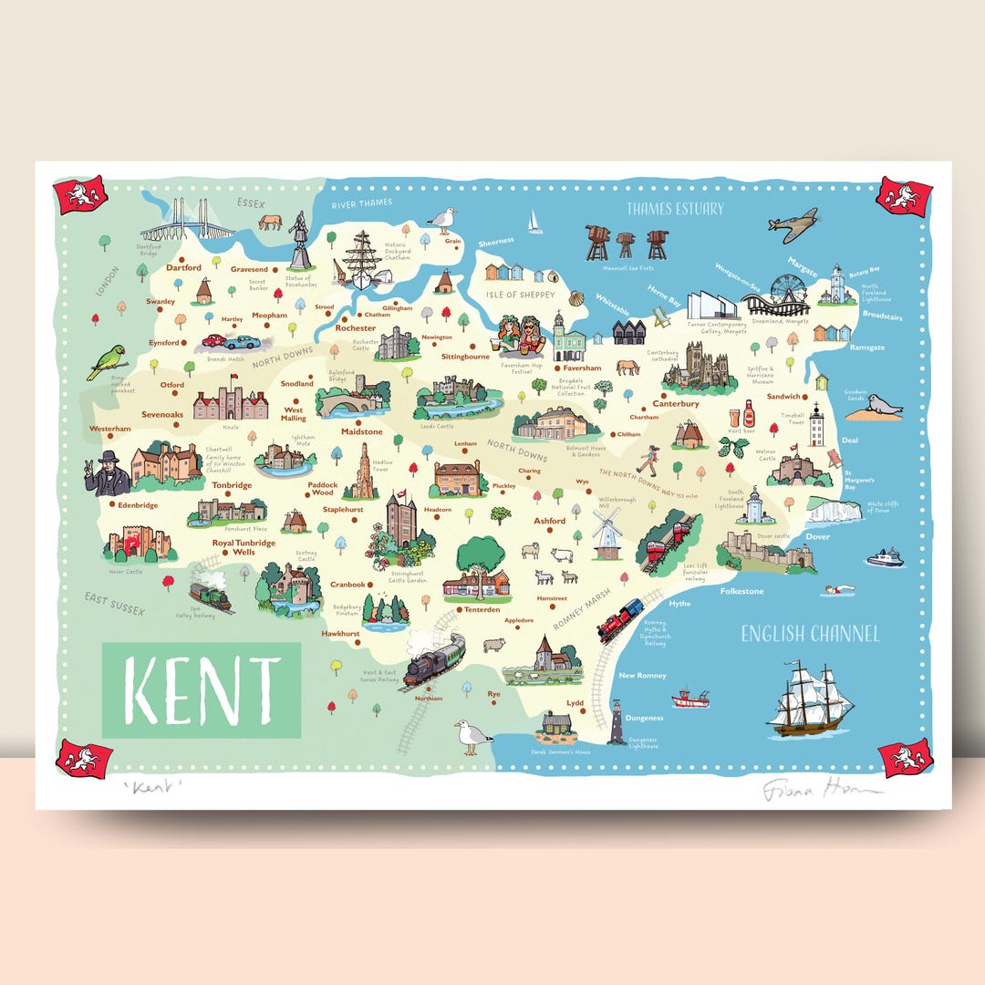 Kent Wall Map, Illustrated Print by Fiona Horan, Travel Poster ...