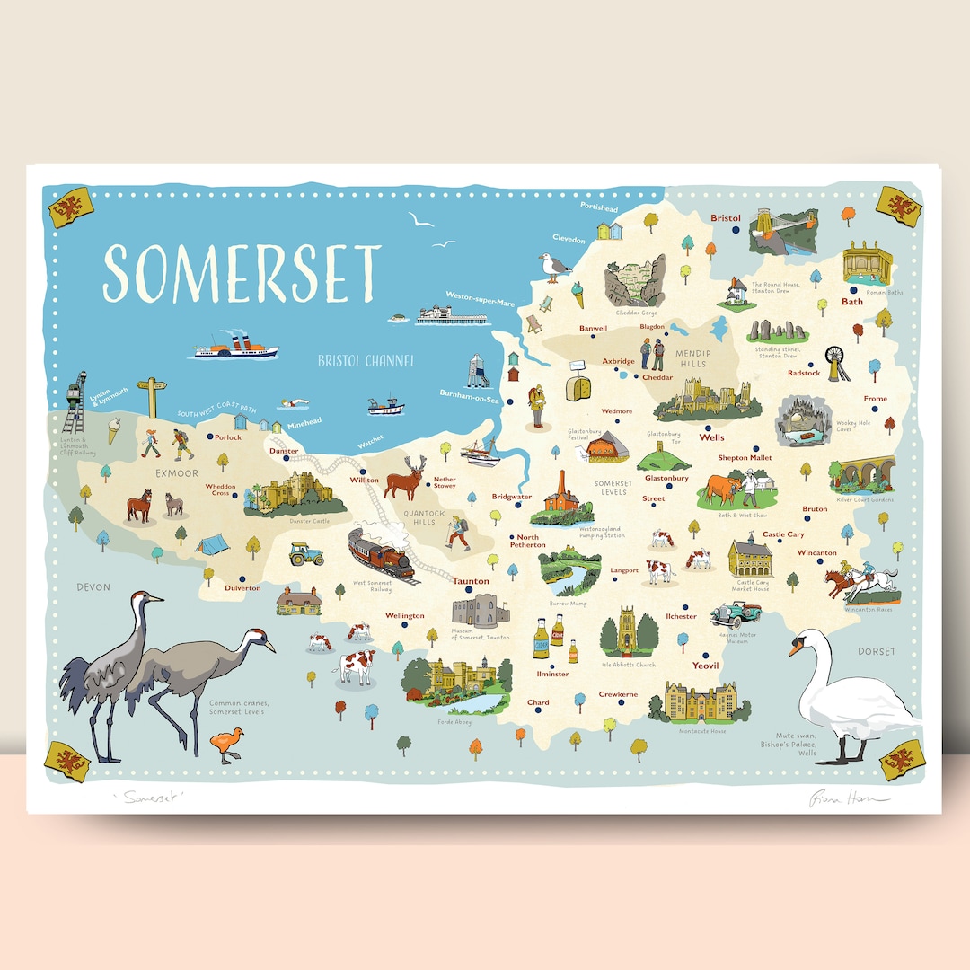 Somerset Wall Map, Illustrated Print by Fiona Horan, Travel Poster ...