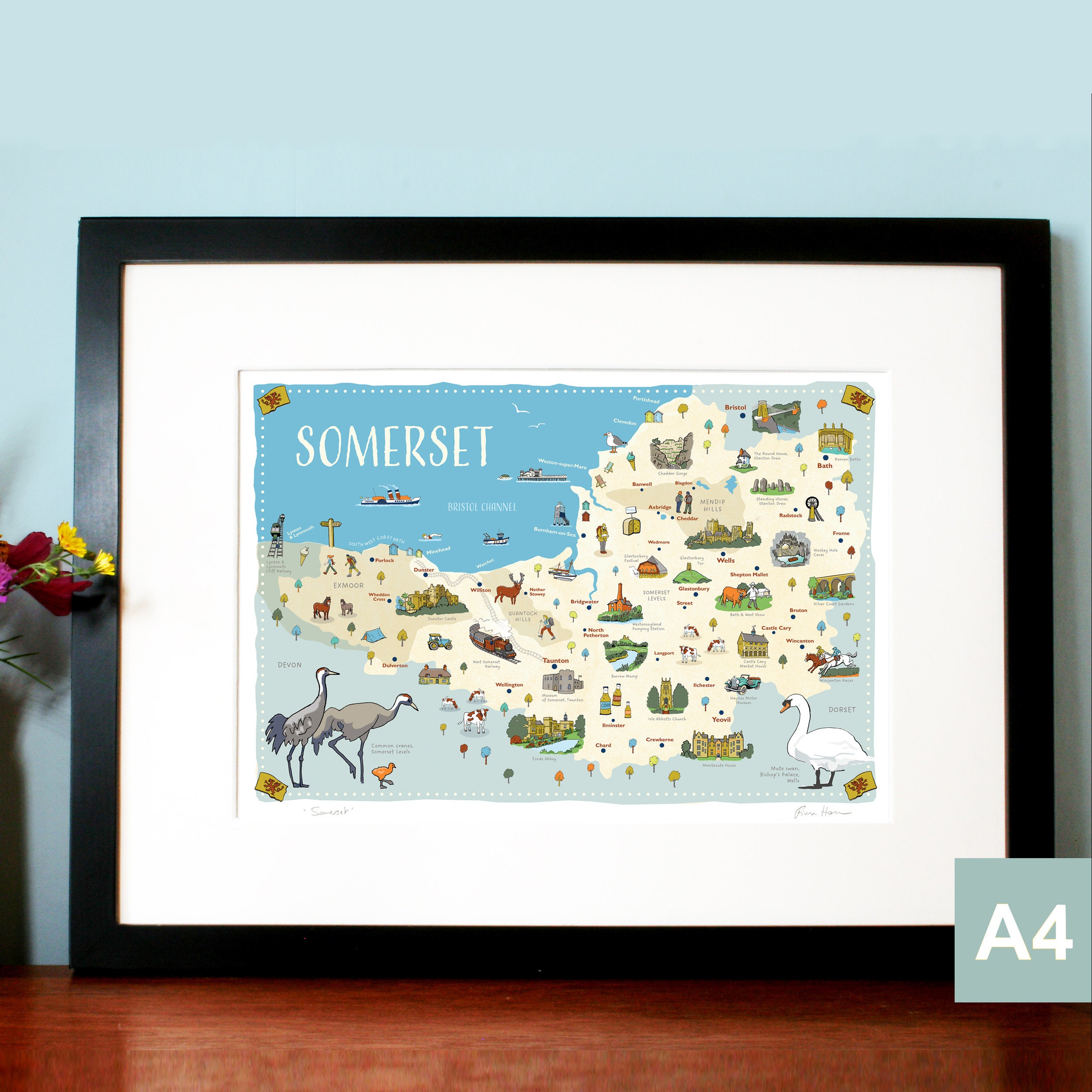 Somerset Wall Map, Illustrated Print by Fiona Horan, Travel Poster ...