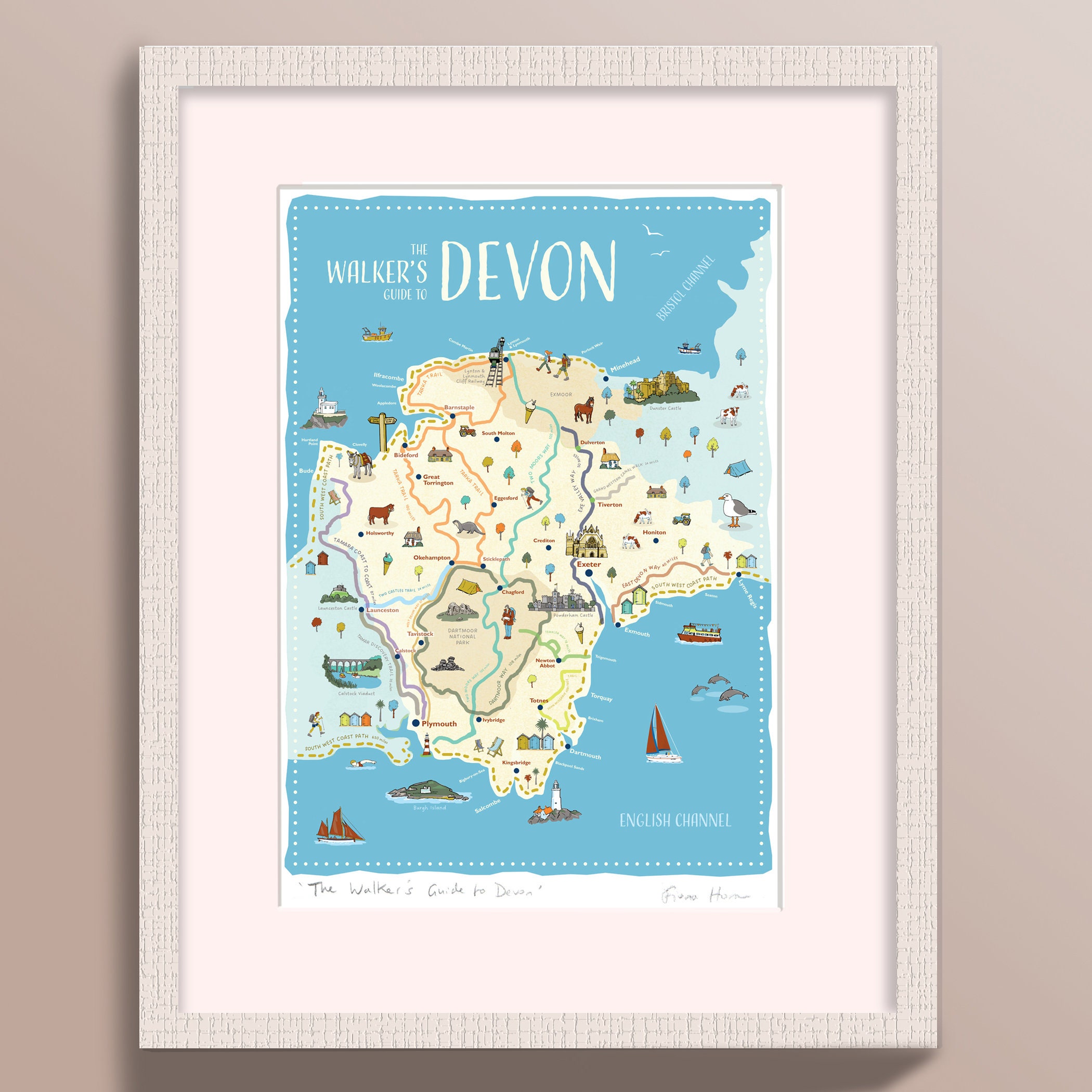 Devon Wall Map for Walkers, Illustrated Print Showing Long Distance ...