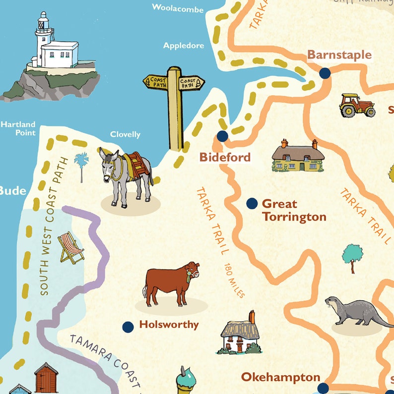 Devon Wall Map for Walkers, Illustrated Print Showing Long Distance ...