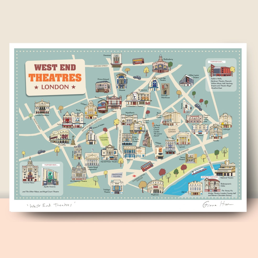 West End Theatres, Illustrated Map, London, Showing More Than 40 Famous Theatres, A4, A3 or A2 ...