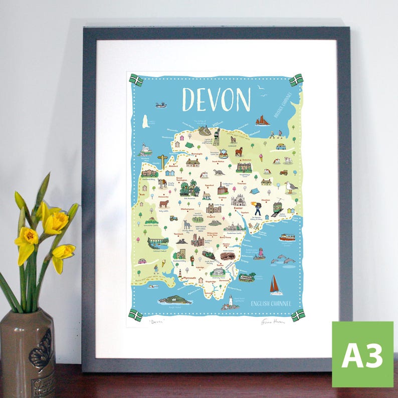 Devon Map Print: Illustrated Travel Poster, UK Wall Art - Etsy