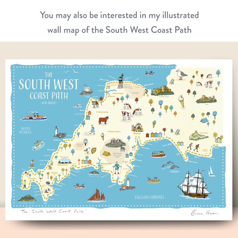 Devon Wall Map for Walkers, Illustrated Print Showing Long Distance ...