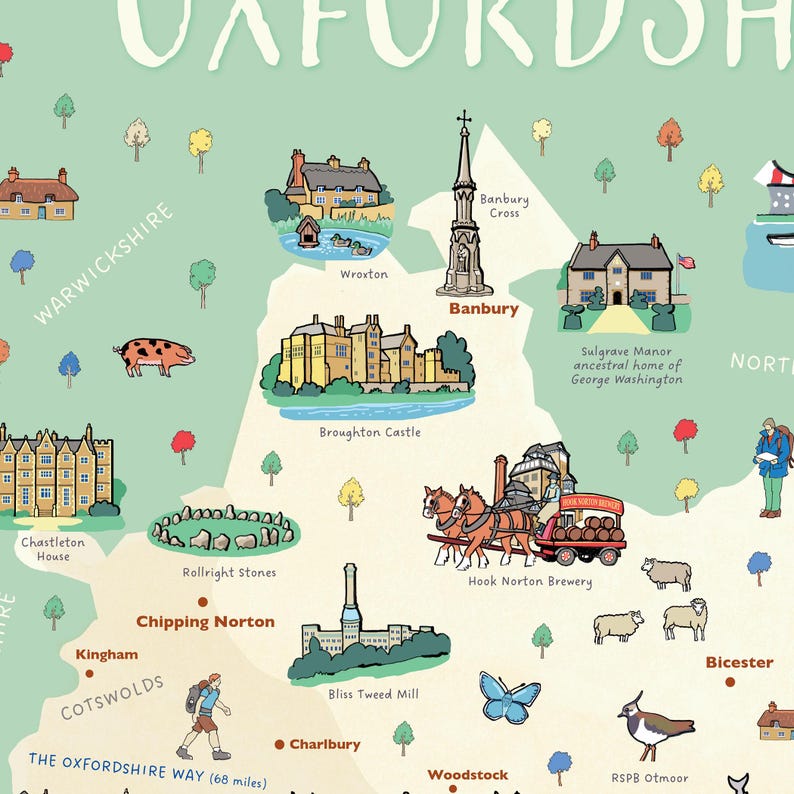 Oxfordshire Illustrated Map Print: English Landmarks Art, Travel ...