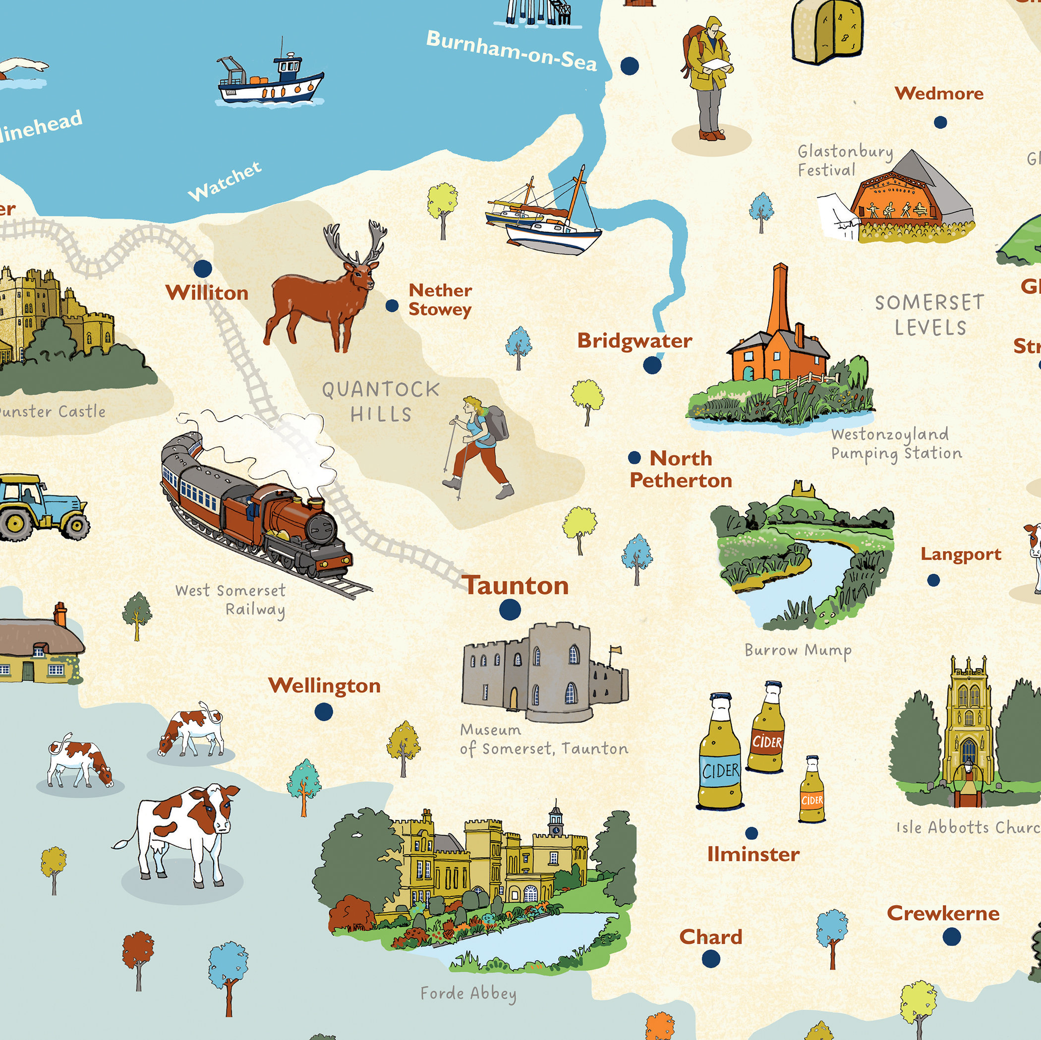 Somerset Wall Map, Illustrated Print by Fiona Horan, Travel Poster ...
