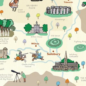 Wiltshire Wall Map, Illustrated Print by Fiona Horan, Travel Poster ...