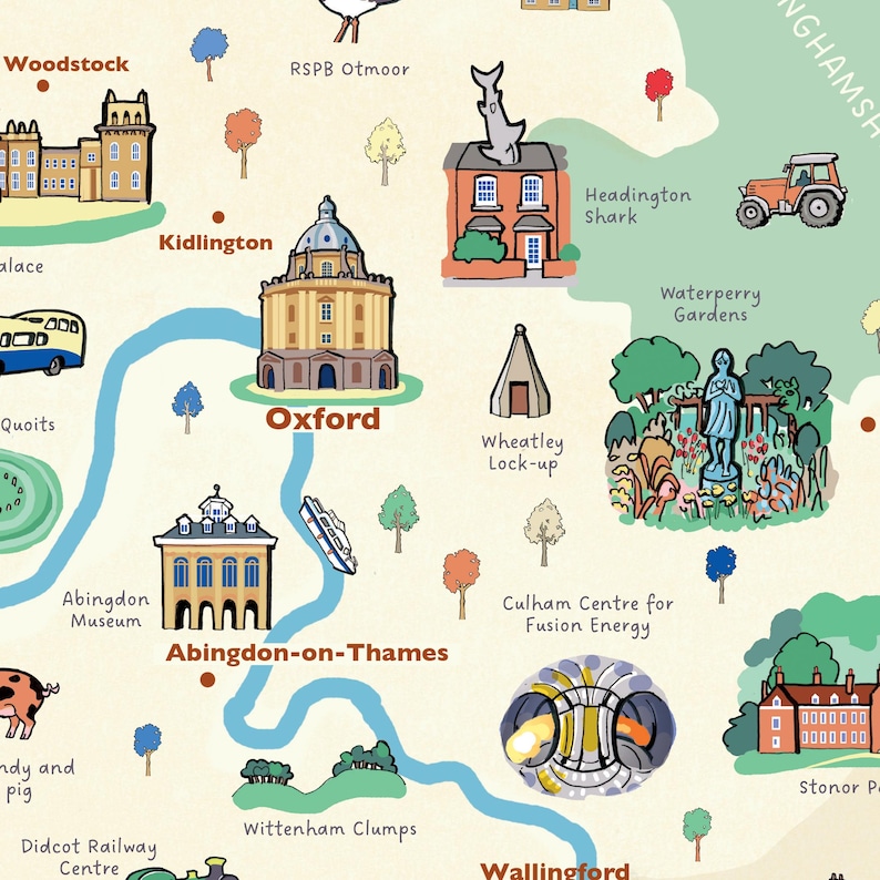 Oxfordshire Illustrated Map Print: English Landmarks Art, Travel ...