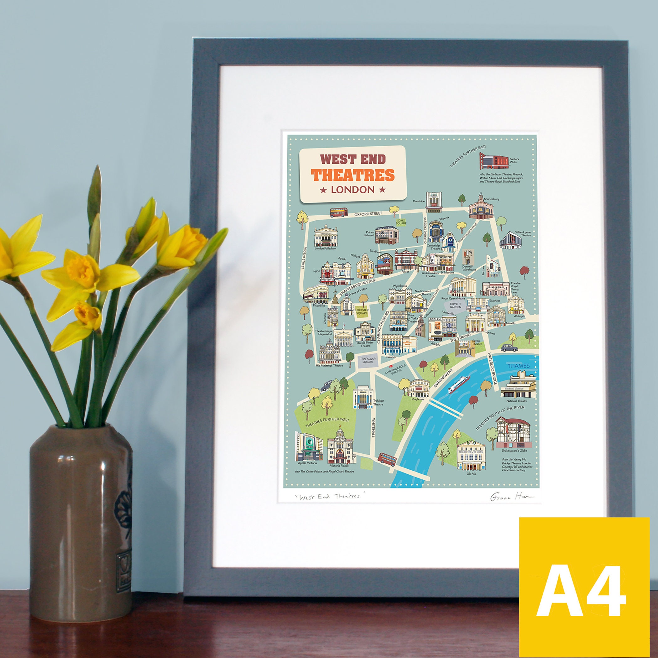 London Theatres Map portrait, Illustrated Poster Showing More Than 40 Famous West End Theatres ...