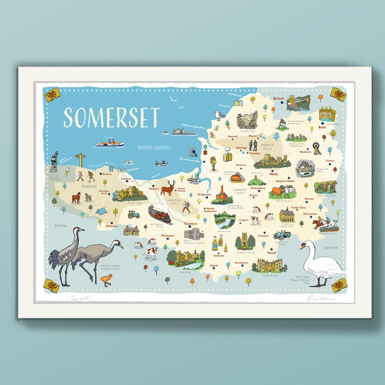 Somerset Wall Map, Illustrated Print by Fiona Horan, Travel Poster ...