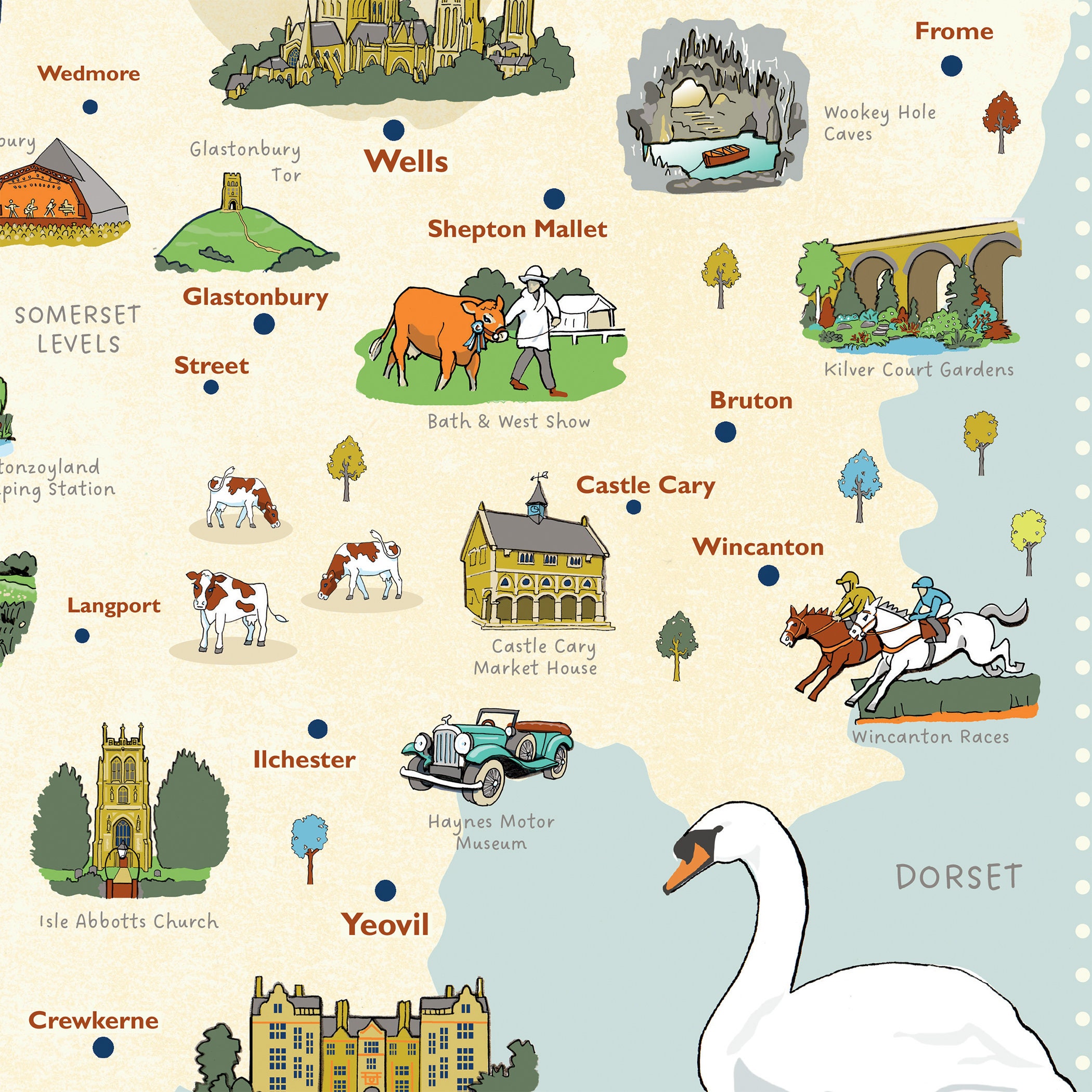 Somerset Wall Map, Illustrated Print by Fiona Horan, Travel Poster ...