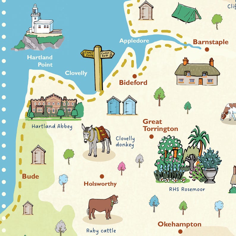 Devon Map Print: Illustrated Travel Poster, UK Wall Art - Etsy