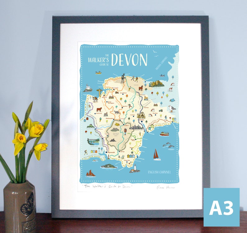 Devon Wall Map for Walkers, Illustrated Print Showing Long Distance ...