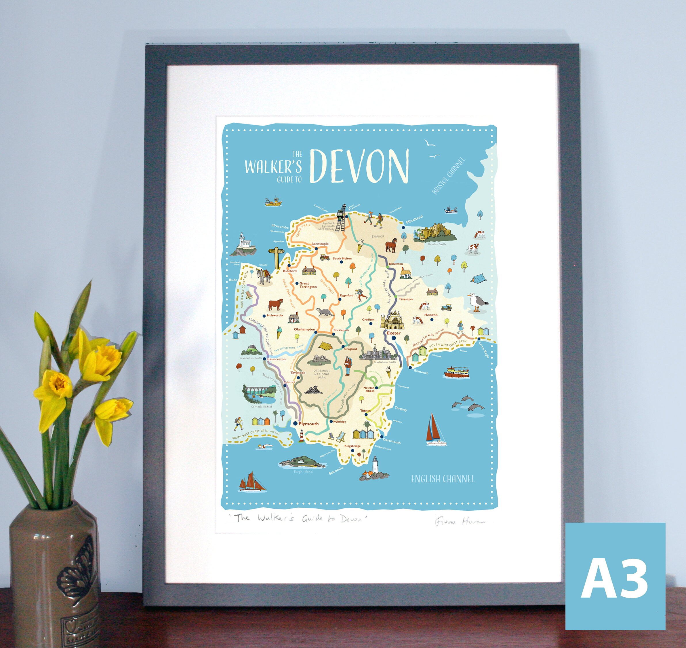 Illustrated Devon Footpaths Poster Perfect Wall Map for Walkers and ...